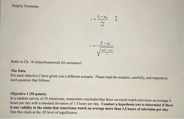 Solved Helpful Formulas: t=nsxˉ−μ0 z=np0(1−p0)p^−p0 Refer to | Chegg.com