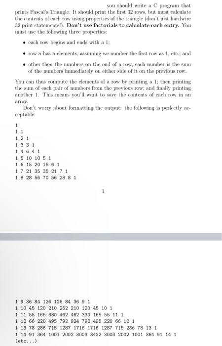 Solved you should write a C program that prints Pascal's | Chegg.com