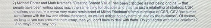 Solved 2) Michael Porter and Mark Kramer's "Creating Shared | Chegg.com