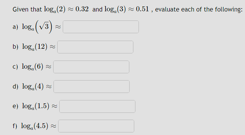 Solved Given that loga(2)~~0.32 ﻿and loga(3)~~0.51, | Chegg.com