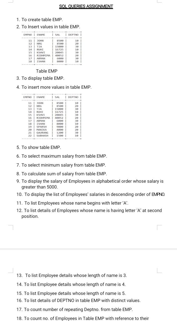 Solved SOL QUERIES ASSIGNMENT 1. To create table EMP. 2. To | Chegg.com