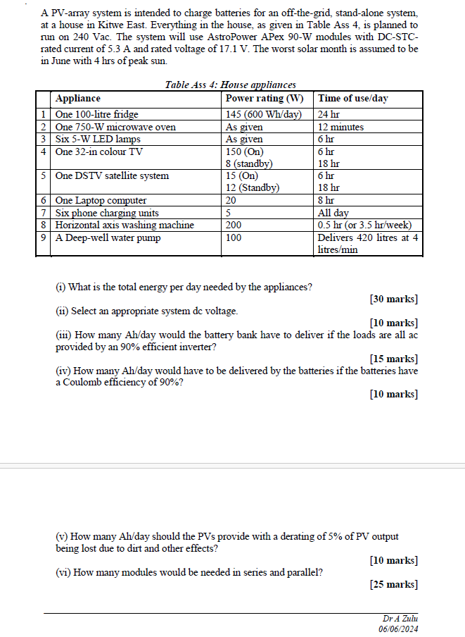 Solved A PV-array system is intended to charge batteries for | Chegg.com