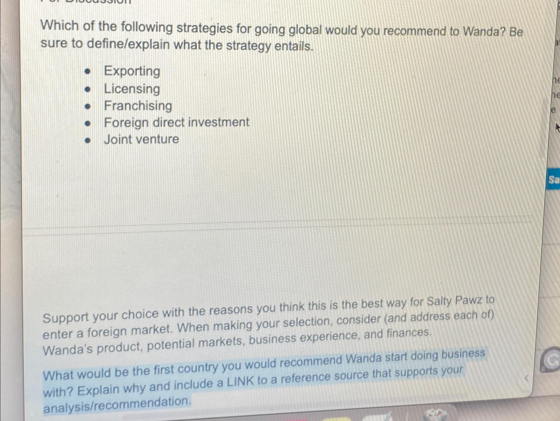 Solved Which of the following strategies for going global | Chegg.com