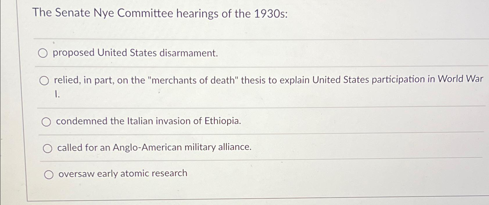 Solved The Senate Nye Committee hearings of the | Chegg.com