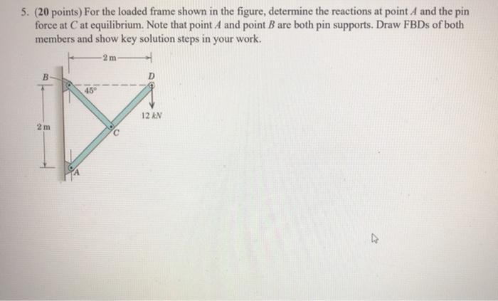Solved 5. (20 points) For the loaded frame shown in the | Chegg.com