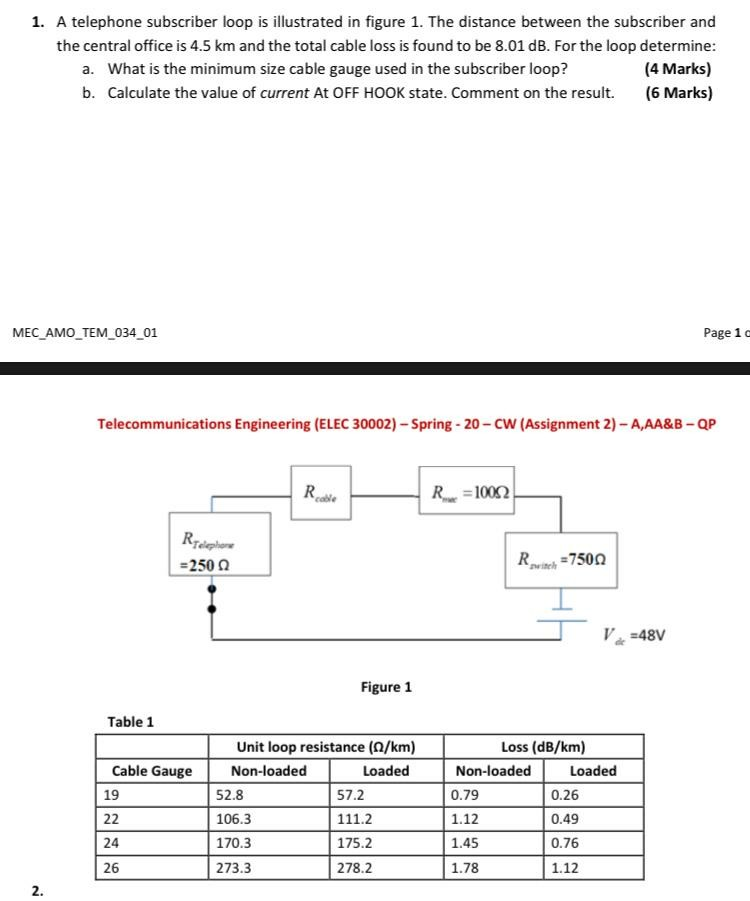 1. A telephone subscriber loop is illustrated in | Chegg.com