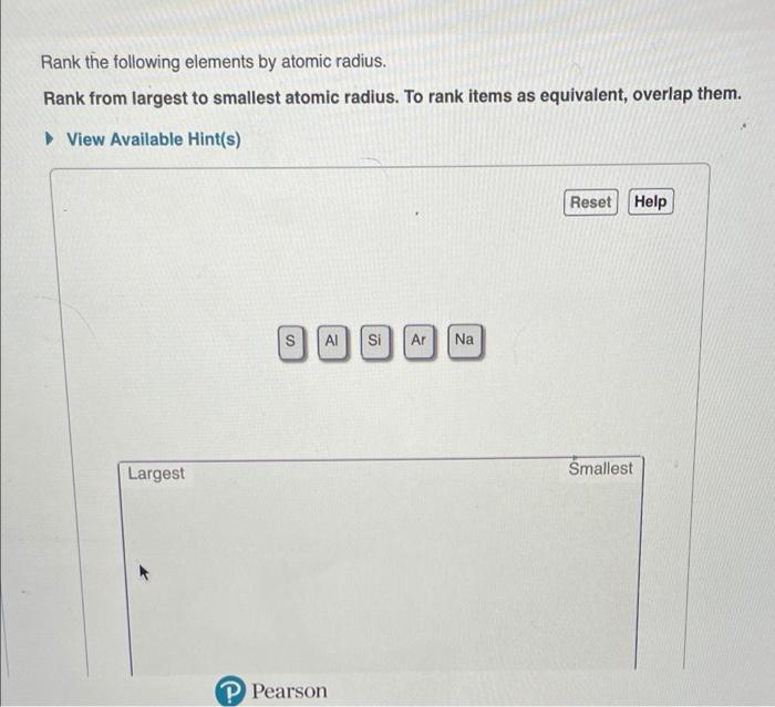 Rank the following elements by atomic radius. Rank | Chegg.com