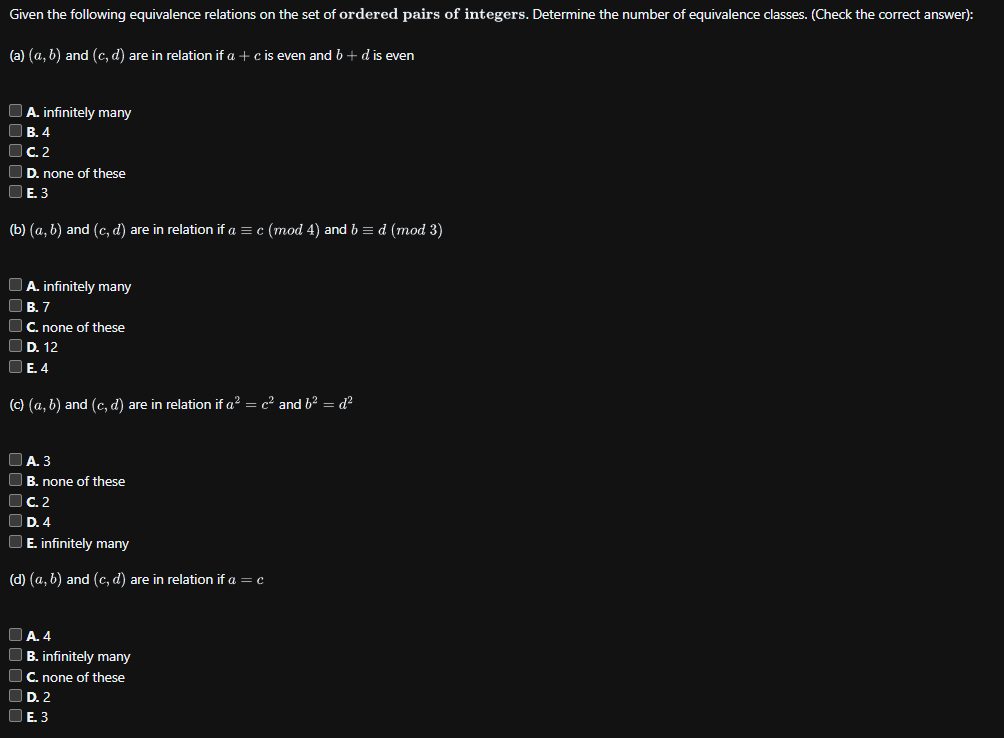 Solved Given the following equivalence relations on the set | Chegg.com