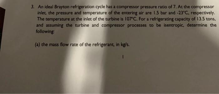Solved 3. An ideal Brayton refrigeration cycle has a | Chegg.com