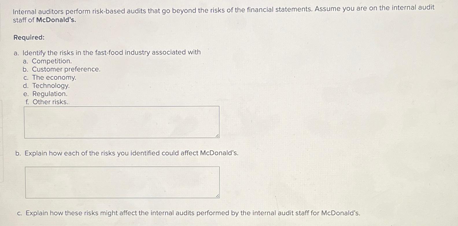 Solved Internal auditors perform risk-based audits that go | Chegg.com