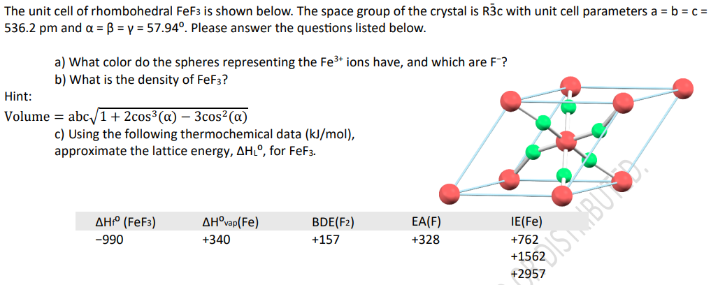 Solved The unit cell of rhombohedral FeF3 ﻿is shown below. | Chegg.com