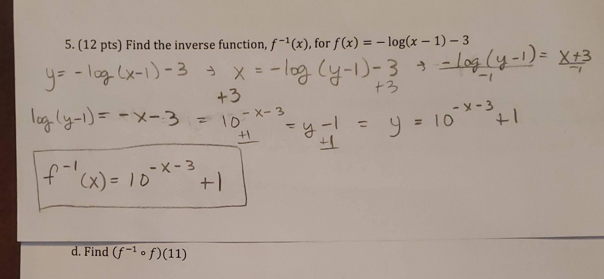 Solved 5. (12 pts) Find the inverse function, f−1(x), for | Chegg.com