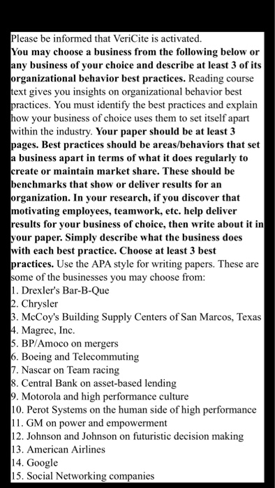 Solved Please be informed that VeriCite is activated. You | Chegg.com