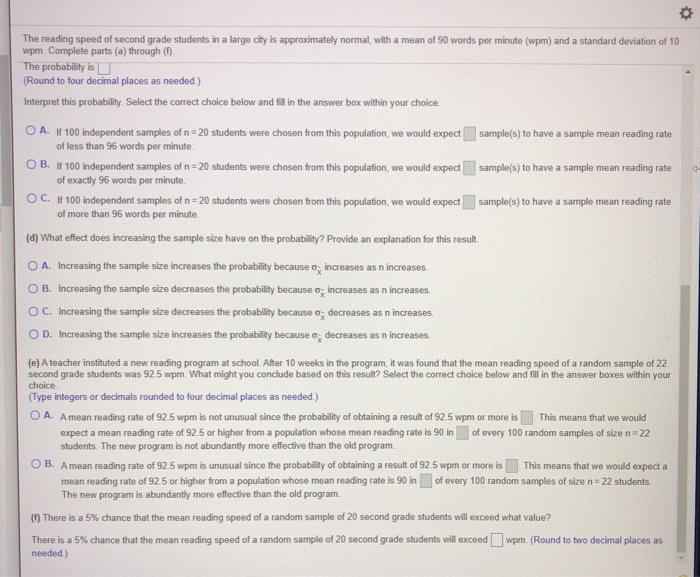 Solved The reading speed of second grade students in a large | Chegg.com