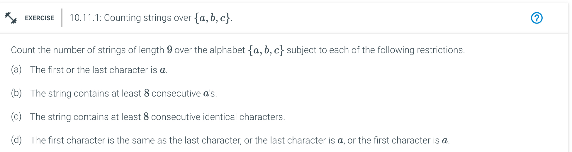 Solved EXERCISE10.11.1: Counting strings over {a,b,c}.?Count | Chegg.com
