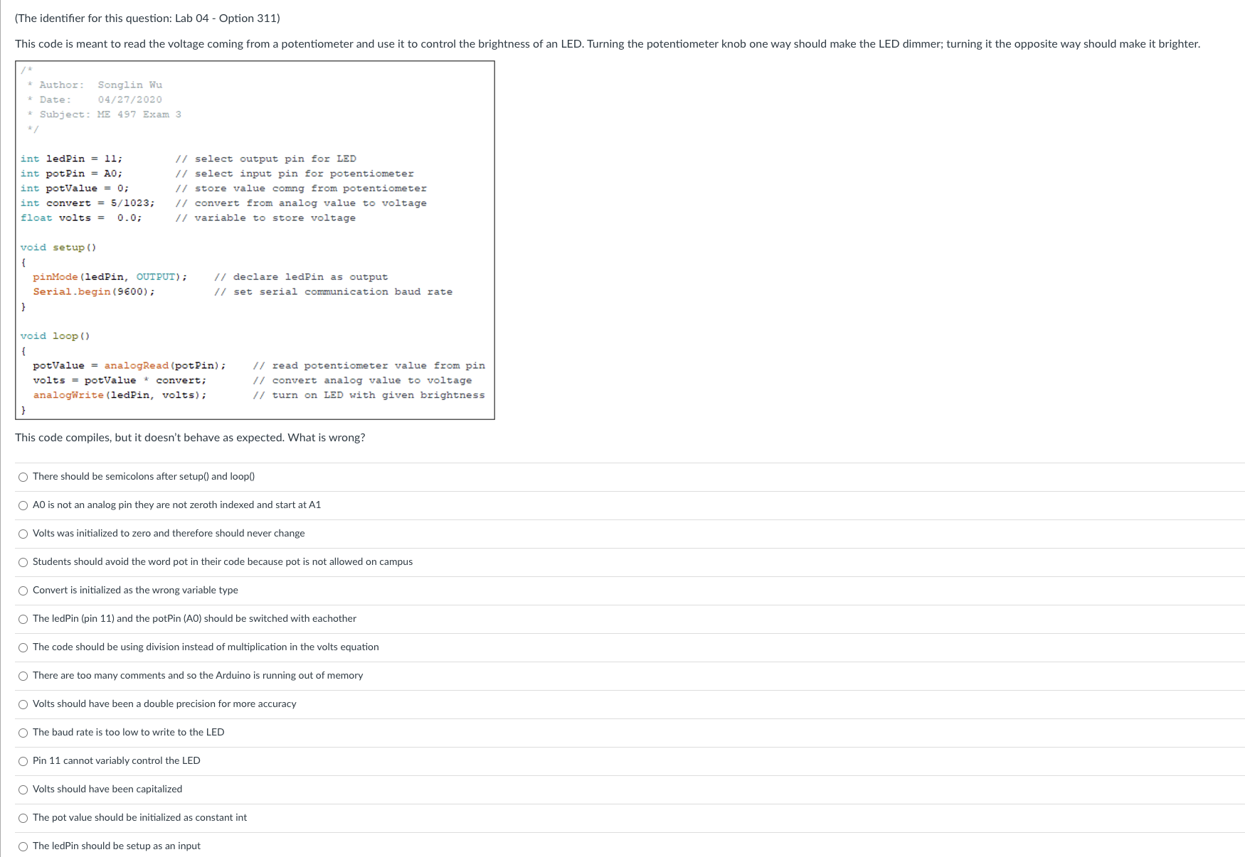 Solved (The identifier for this question: Lab 04 - ﻿Option | Chegg.com