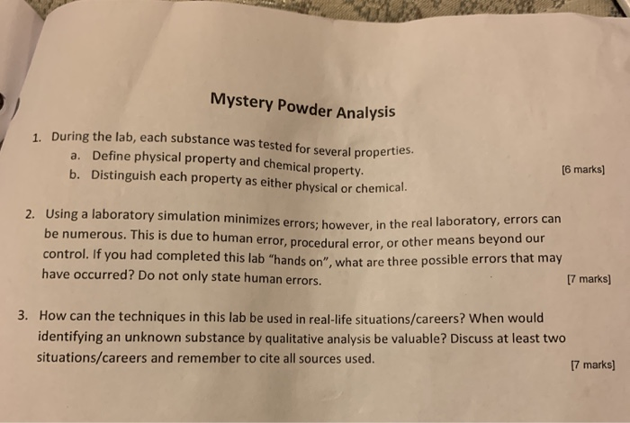 Solved Mystery Powder Analysis 1. During the lab, each | Chegg.com