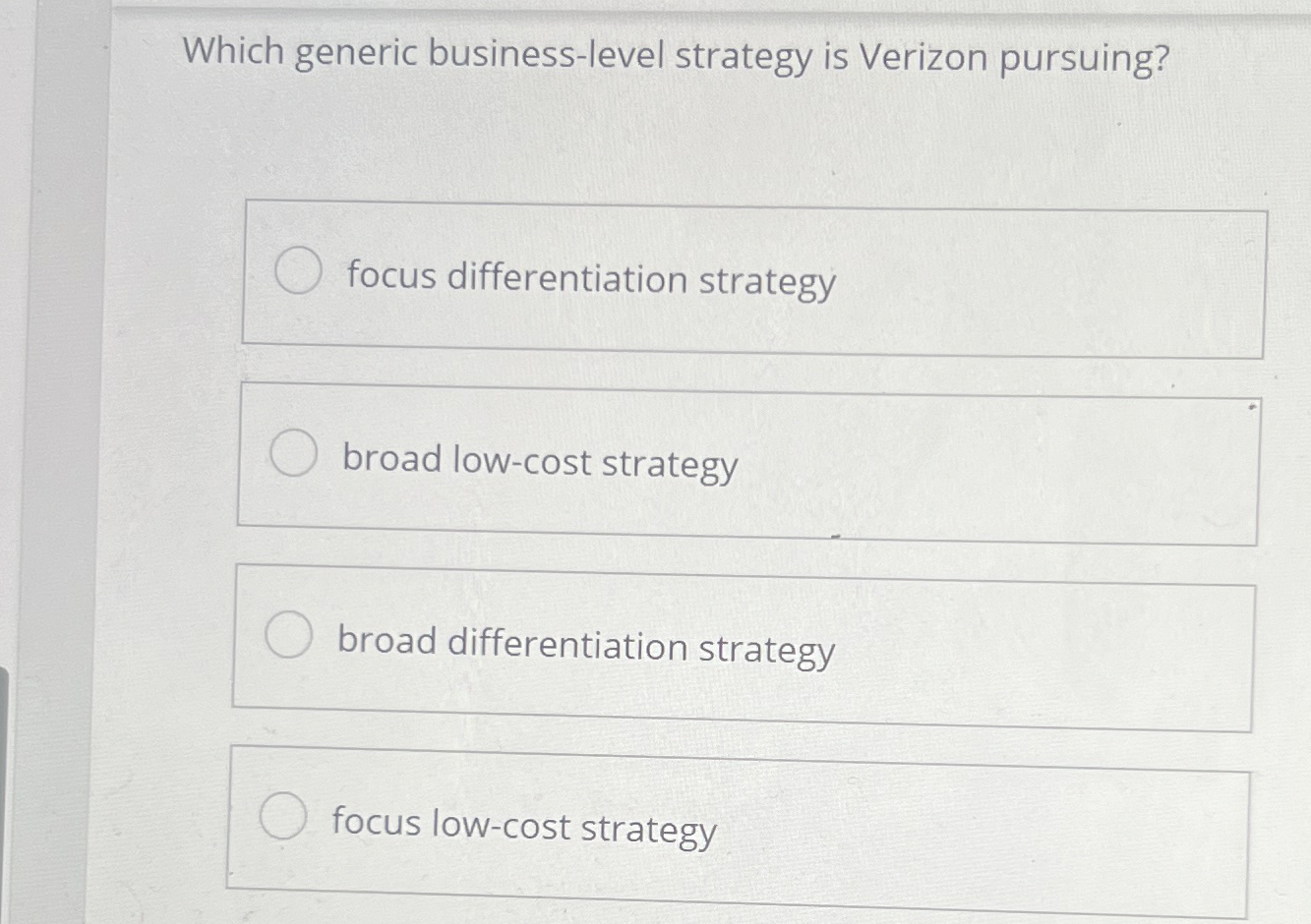 Solved Which generic business-level strategy is Verizon | Chegg.com
