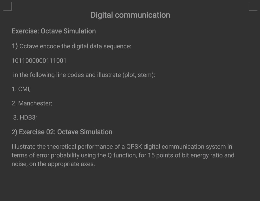 Digital communication Exercise: Octave Simulation 1) | Chegg.com