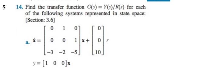 Solved 5 14. Find the transfer function G(s) = Y(s)/R(s) for | Chegg.com