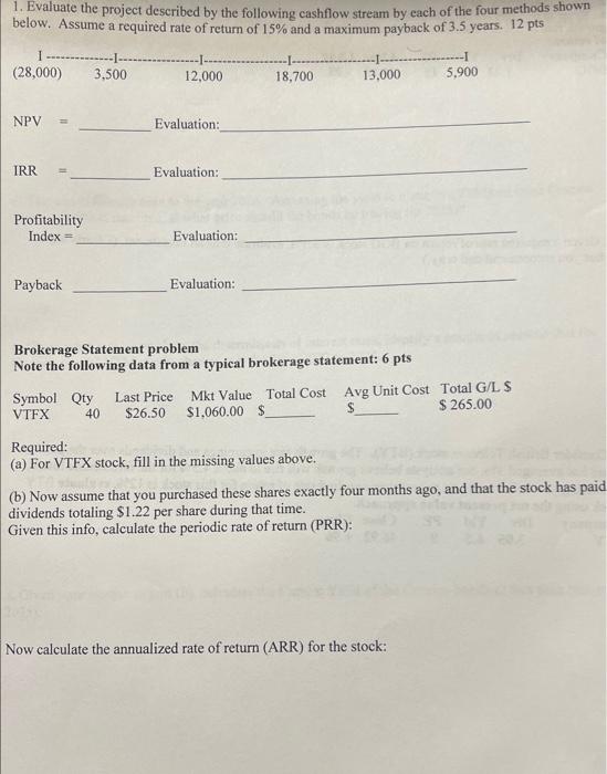 Solved 1. Evaluate the project described by the following | Chegg.com