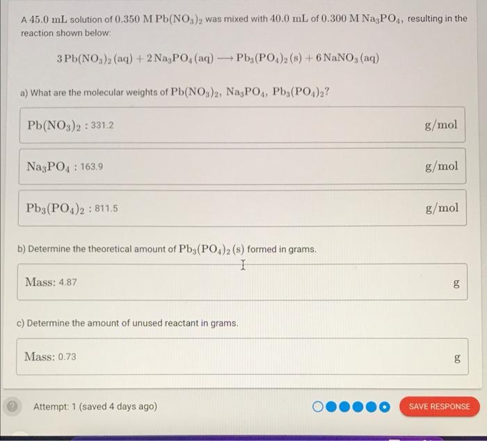 Solved A 45.0 mL solution of 0.350 M Pb(NO3)2 was mixed with | Chegg.com