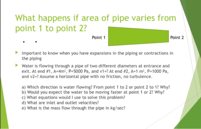 Solved What happens if area of pipe varies from point 1 to | Chegg.com