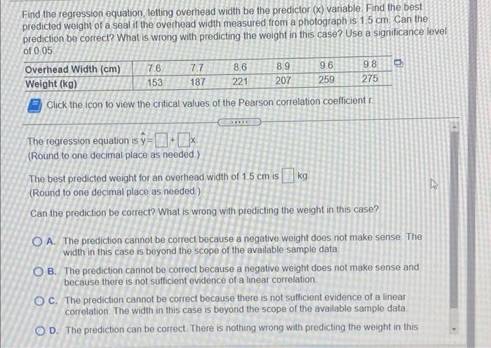 Solved Find the regression equation, letting overhead width | Chegg.com