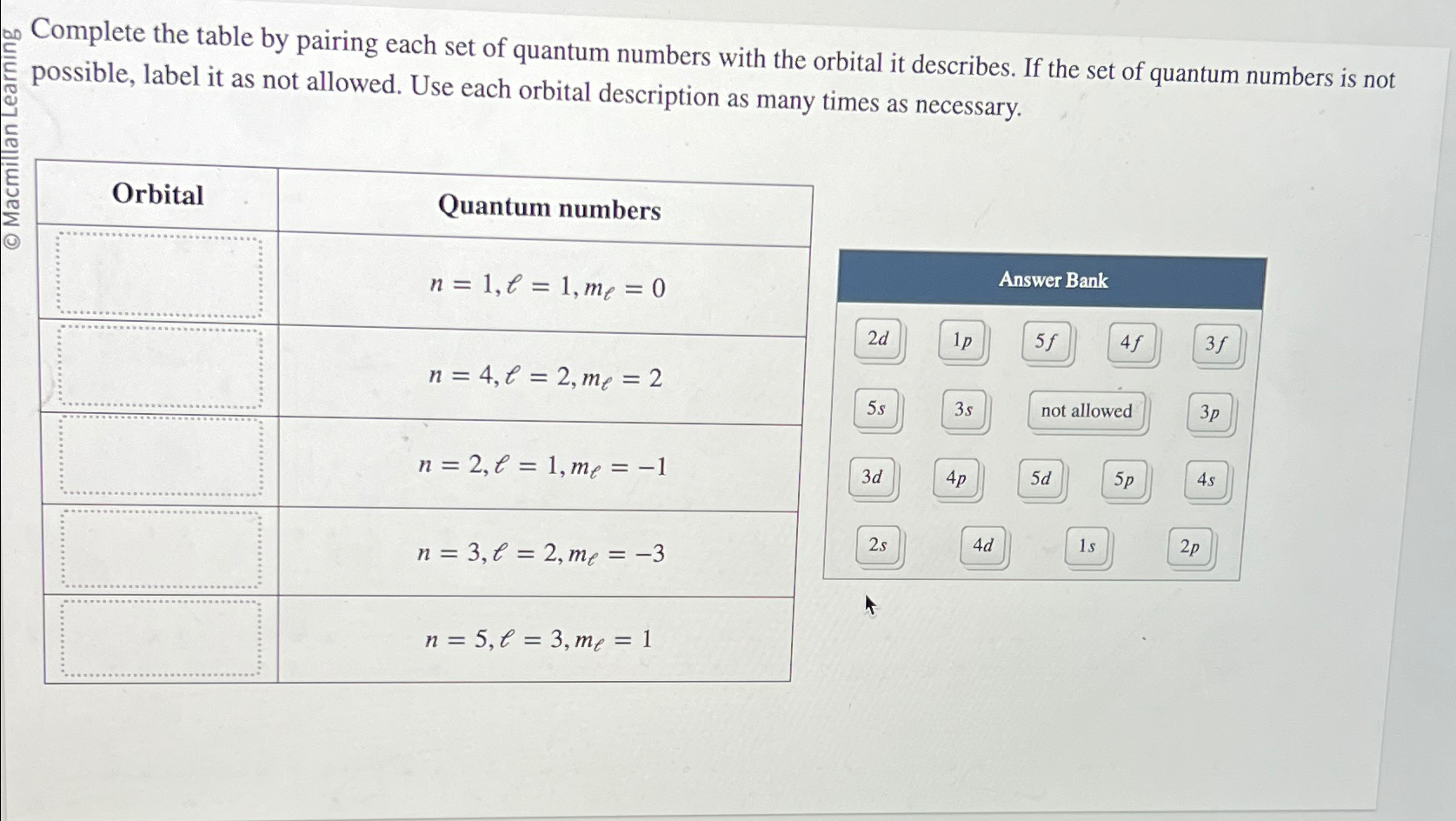 Complete the table by pairing each set of quantum | Chegg.com