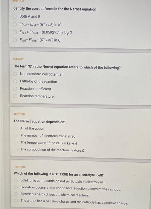 Solved UESTION Identify the correct formula for the Nernst | Chegg.com