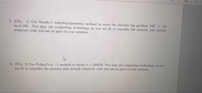 Solved 2. (Obj. 1) Use Shanks's babystep-giantstep method to | Chegg.com