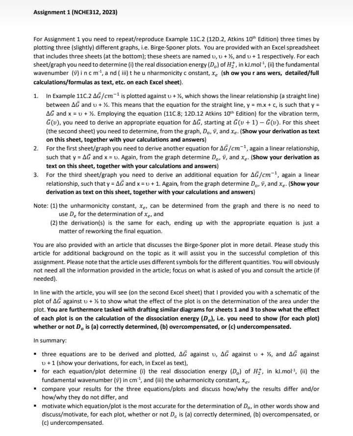 Assignment 1 (NCHE312, 2023) For Assignment 1 you | Chegg.com