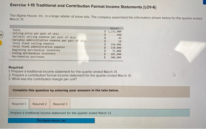 Solved Exercise 1-15 Traditional and Contribution Format | Chegg.com