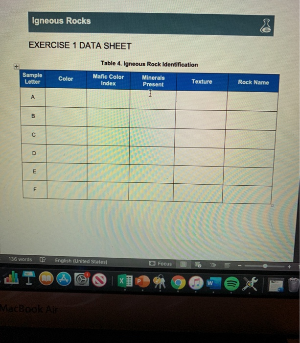 Solved Igneous Rocks EXERCISE 1 DATA SHEET Table 4. Igneous | Chegg.com