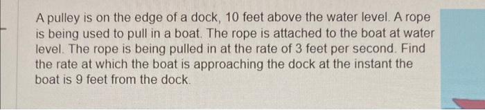 Solved A pulley is on the edge of a dock, 10 feet above the | Chegg.com
