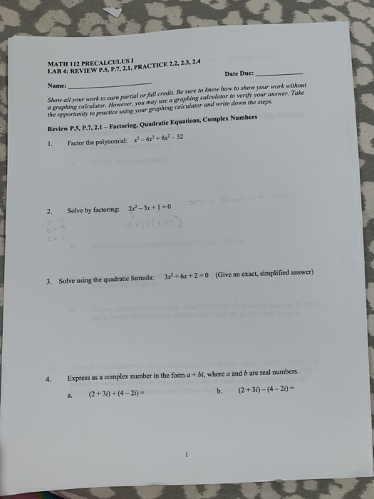 Solved MATH 112 PRECALCULUS I LAB 4: REVIEW P.5, P.7, 2.1, | Chegg.com