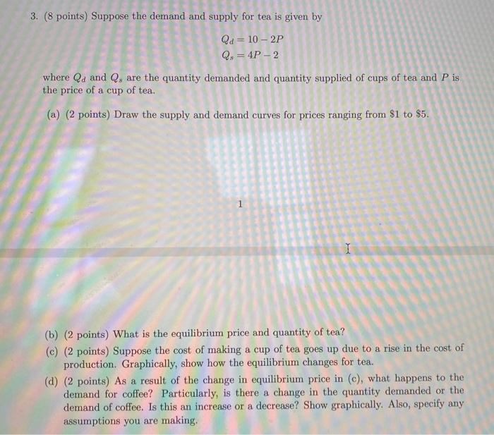 Solved 3. (8 points) Suppose the demand and supply for tea | Chegg.com