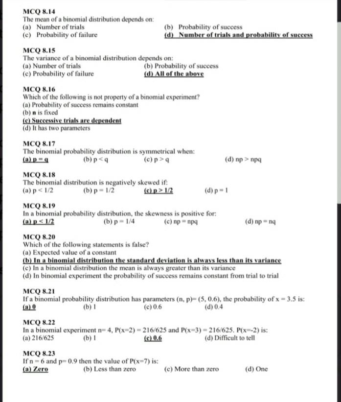 Solved MCQ 8.14 The mean of a binomial distribution depends | Chegg.com