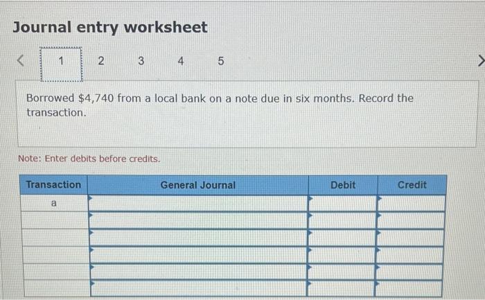 Solved Journal entry worksheet Borrowed $4,740 from a local | Chegg.com
