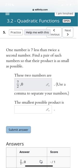 Solved edfinity.com I am finished 3.2 - Quadratic Functions | Chegg.com