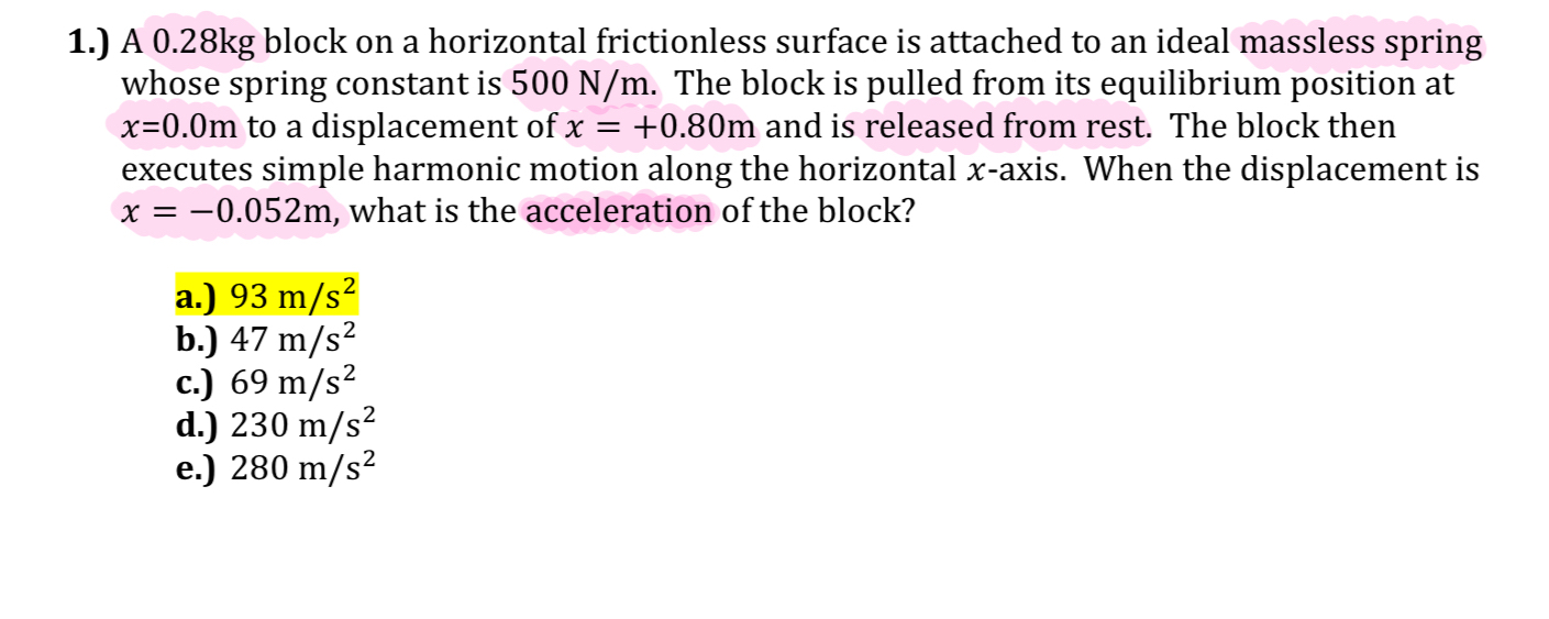Solved 1.) ﻿A 0.28kg ﻿block on a horizontal frictionless | Chegg.com
