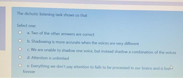 Solved The dichotic listening task shows us that Select one: | Chegg.com