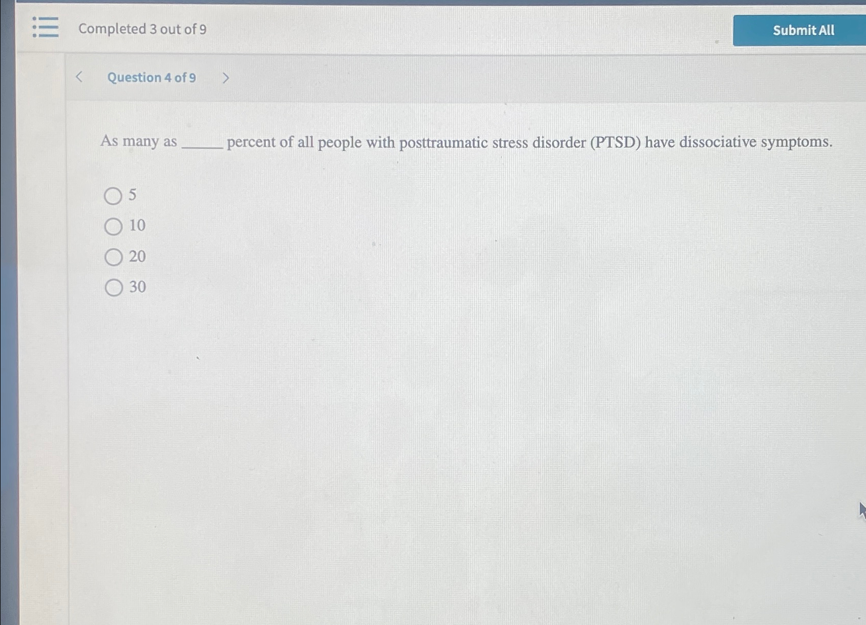 Solved Completed 3 ﻿out of 9Submit AllQuestion 4 ﻿of 9As | Chegg.com