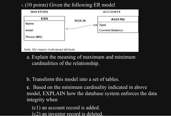 Solved (10 points) Given the following ER model Note: MV | Chegg.com