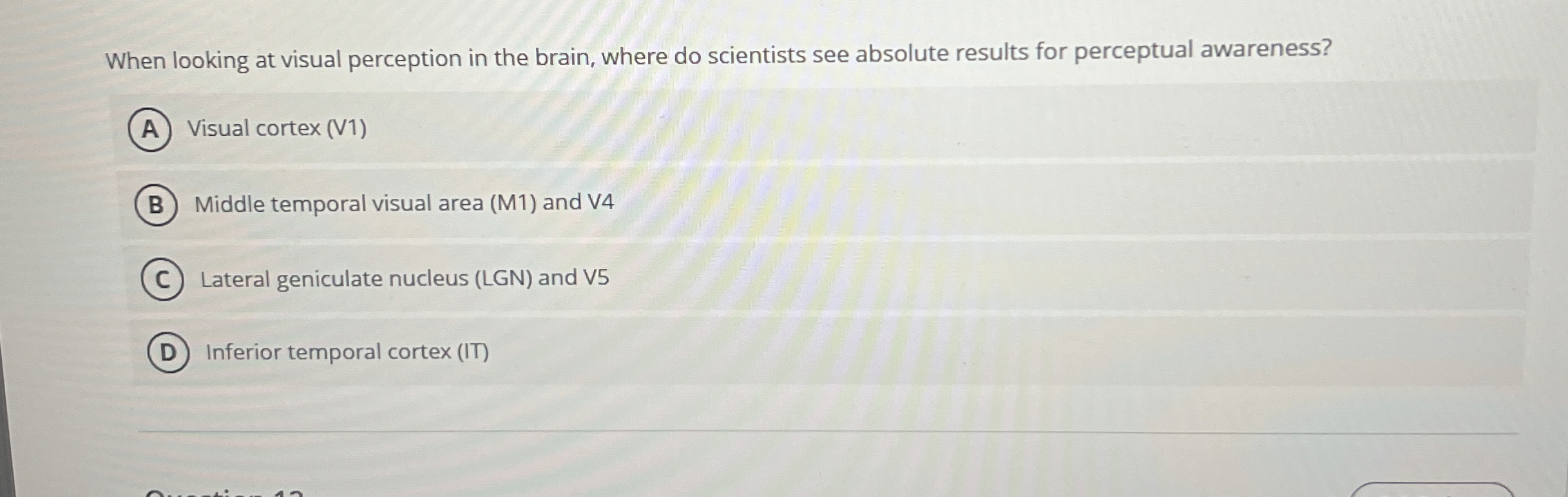 Solved When looking at visual perception in the brain, where | Chegg.com