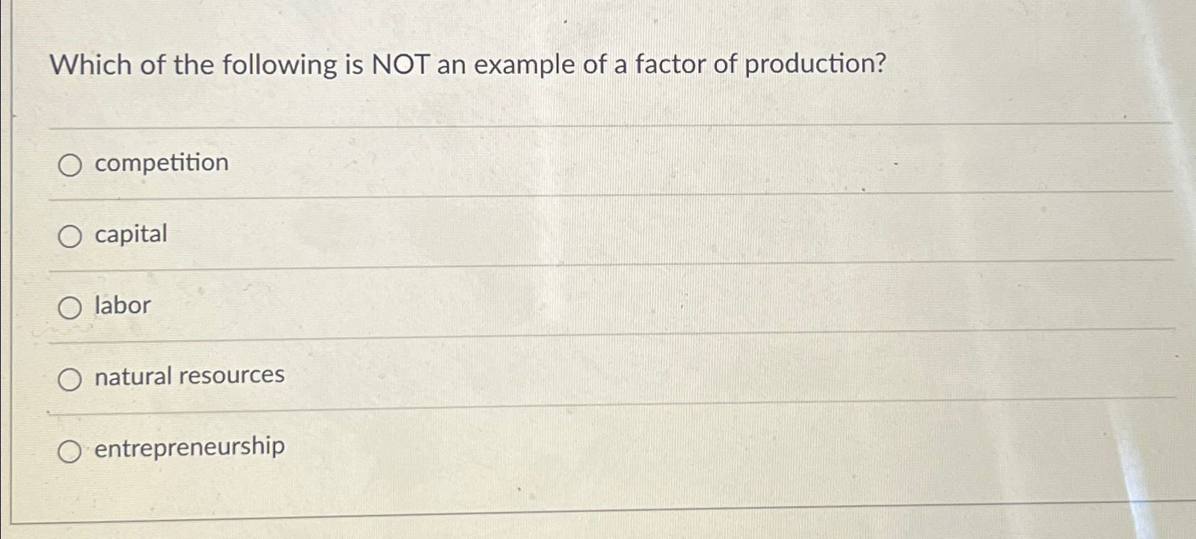 Solved Which of the following is NOT an example of a factor | Chegg.com