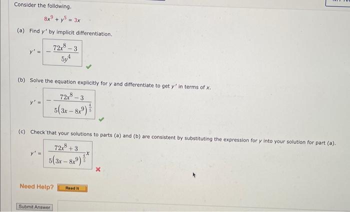 Solved Consider the following. 8x9+y5=3x (a) Find y′ by | Chegg.com