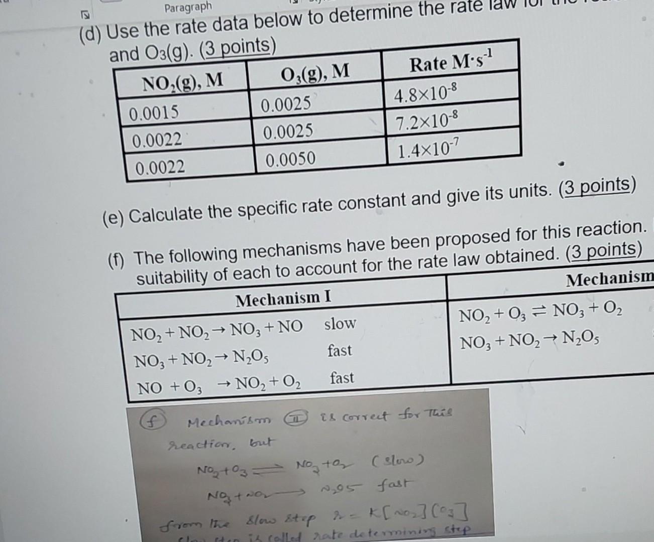 Paragraph d) Use the rate data below to determine the | Chegg.com