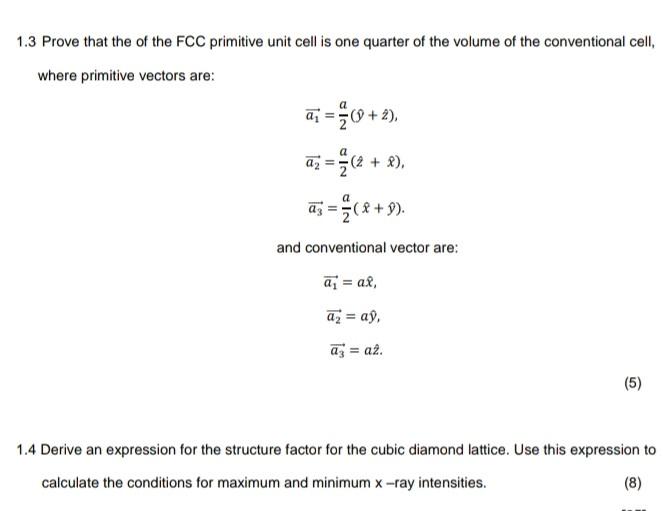 Solved 1 3 Prove That The Of The Fcc Primitive Unit Cell Is