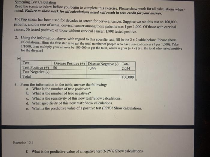 Solved Screening Test Calculation Read the scenario below | Chegg.com